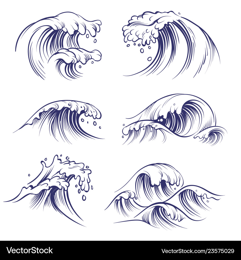 Sketch wave ocean sea waves splash hand drawn Vector Image