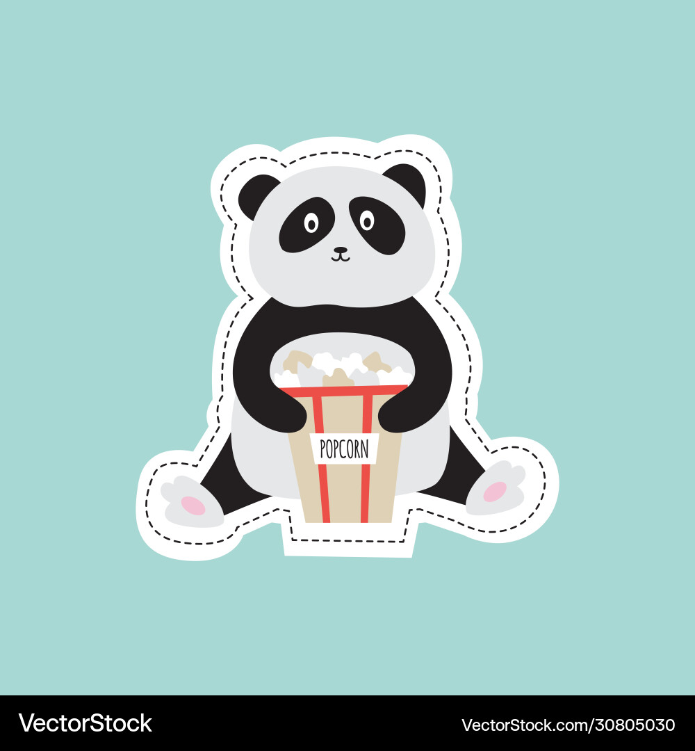 Cartoon panda holding popcorn bag - flat Vector Image