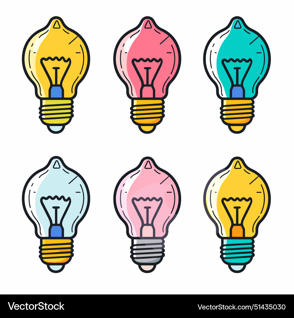 Six colorful lightbulbs two rows isolated white Vector Image