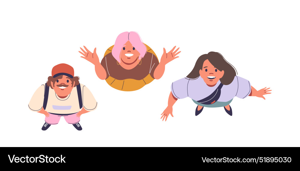 Three cheerful characters looking upward with joy Vector Image
