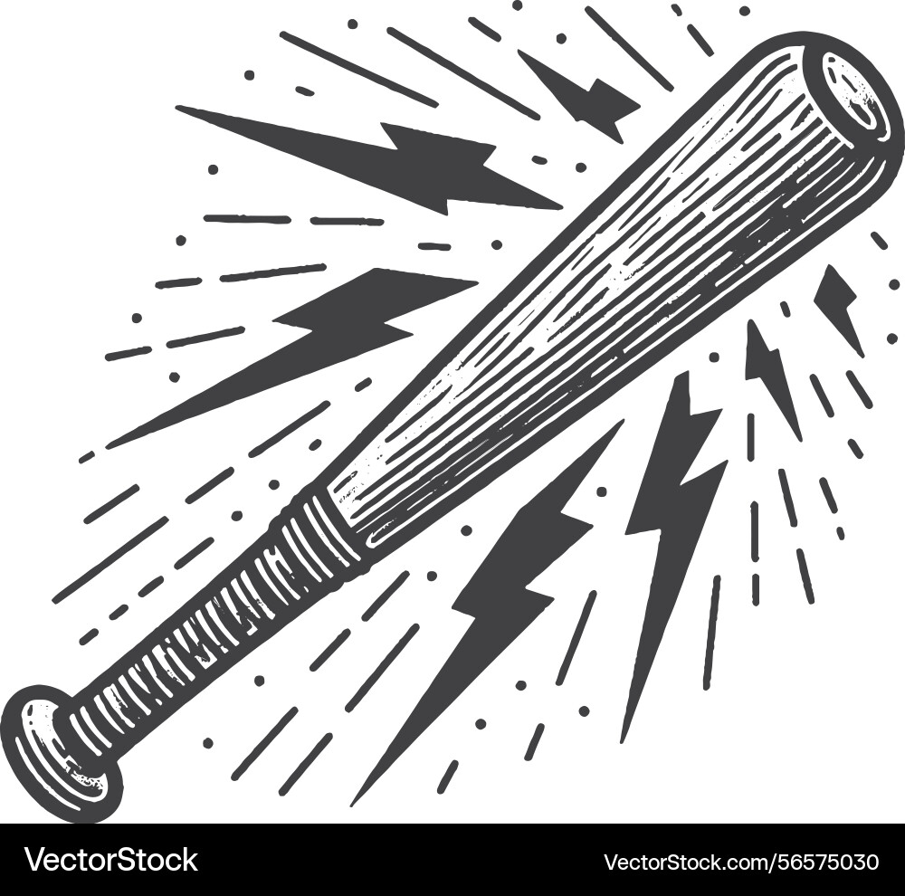 Vintage hand-drawn baseball bat with lightning Vector Image