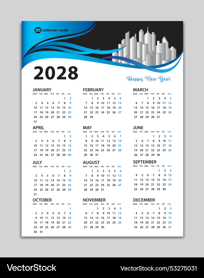 Calendar 2028 template wall Royalty Free Vector Image