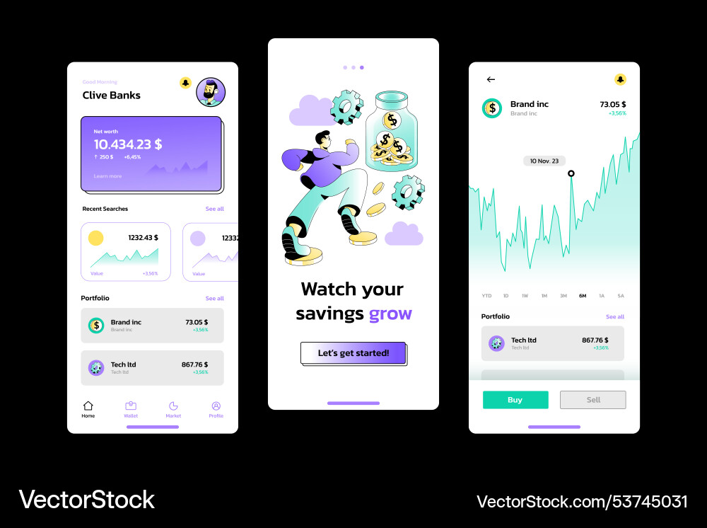 Modern financial app interface screens Royalty Free Vector