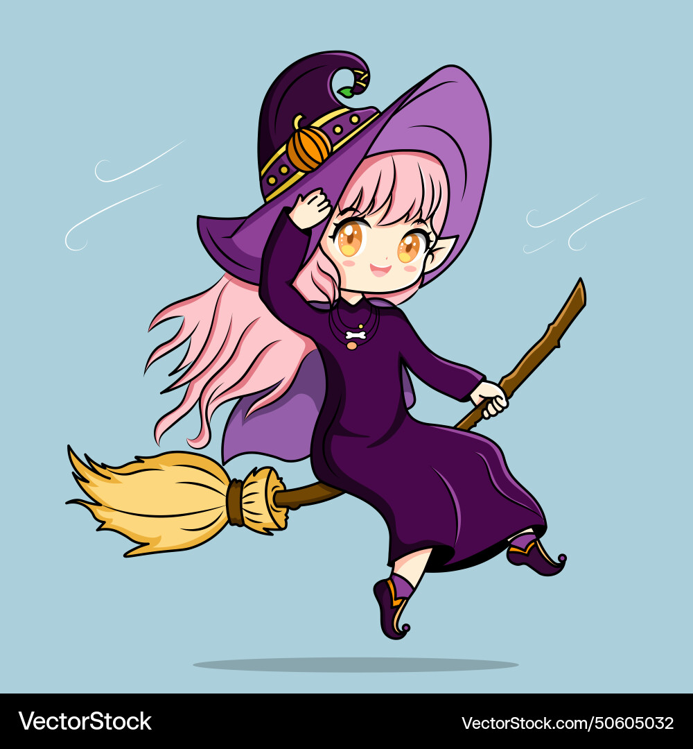 Cute witch flying with her broom Royalty Free Vector Image