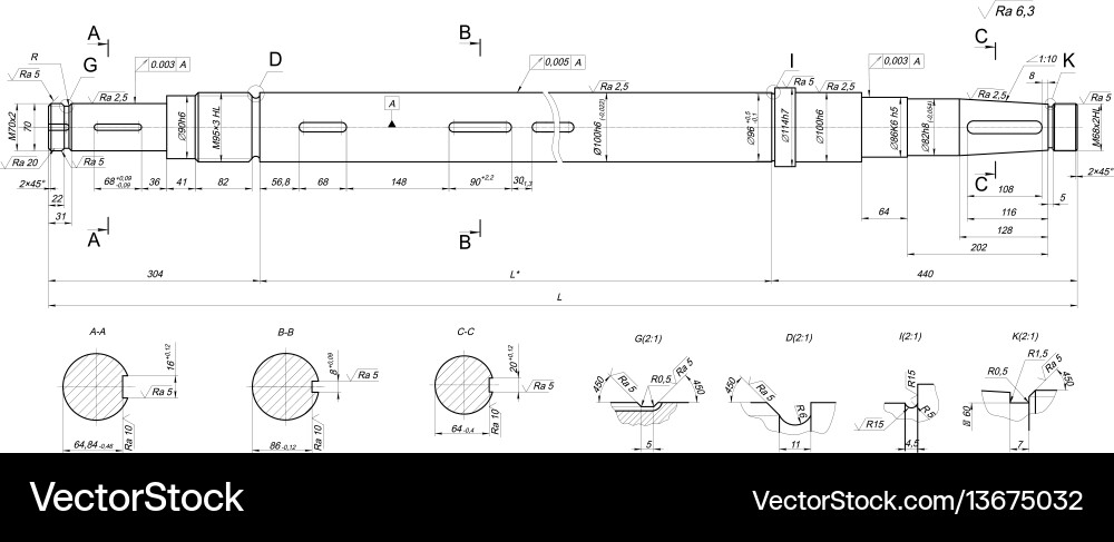 Expanded shaft sketch with sections Royalty Free Vector