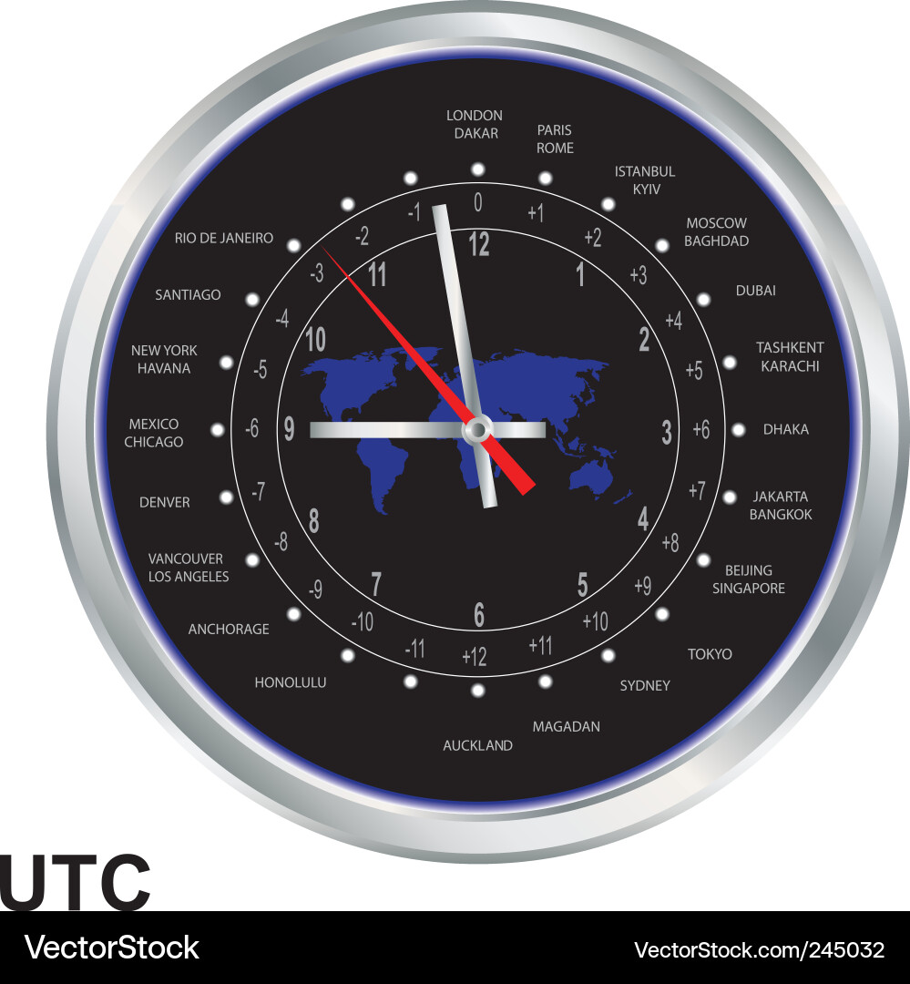 Silver clock with time zones Royalty Free Vector Image