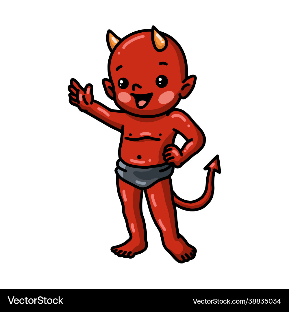 Cute little devil cartoon waving hand Royalty Free Vector