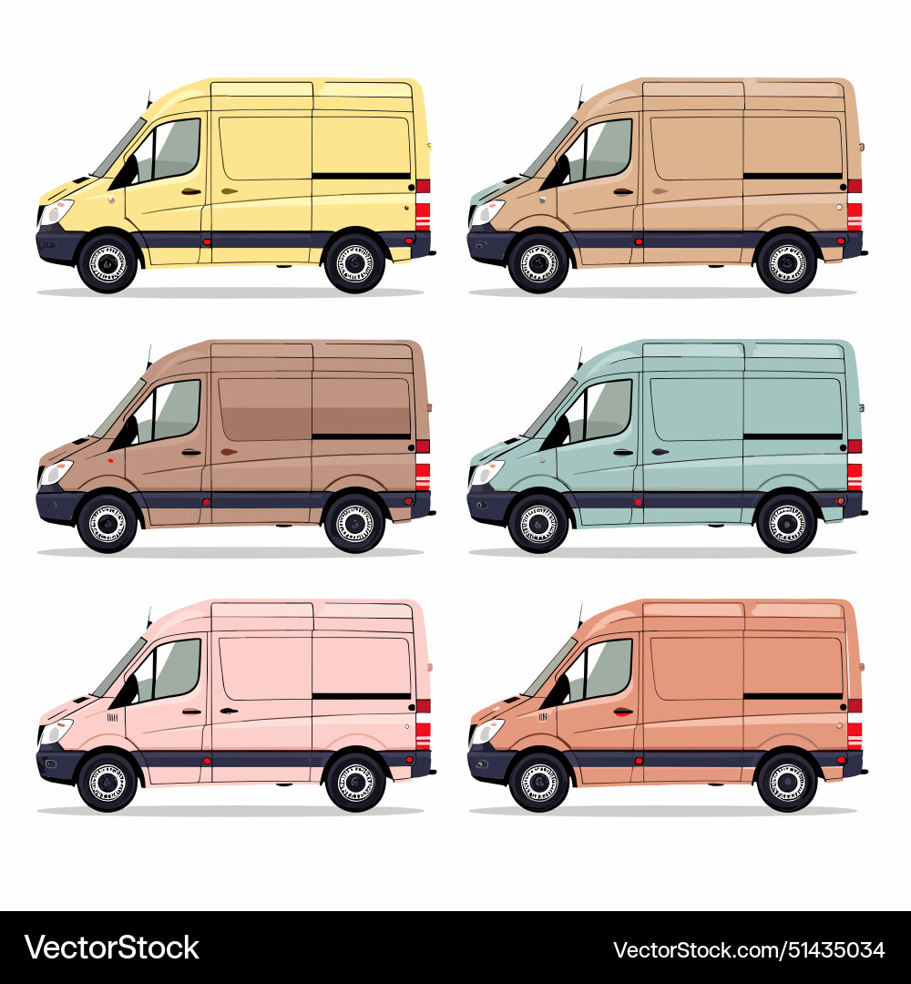 Set six different colored delivery vans side view Vector Image