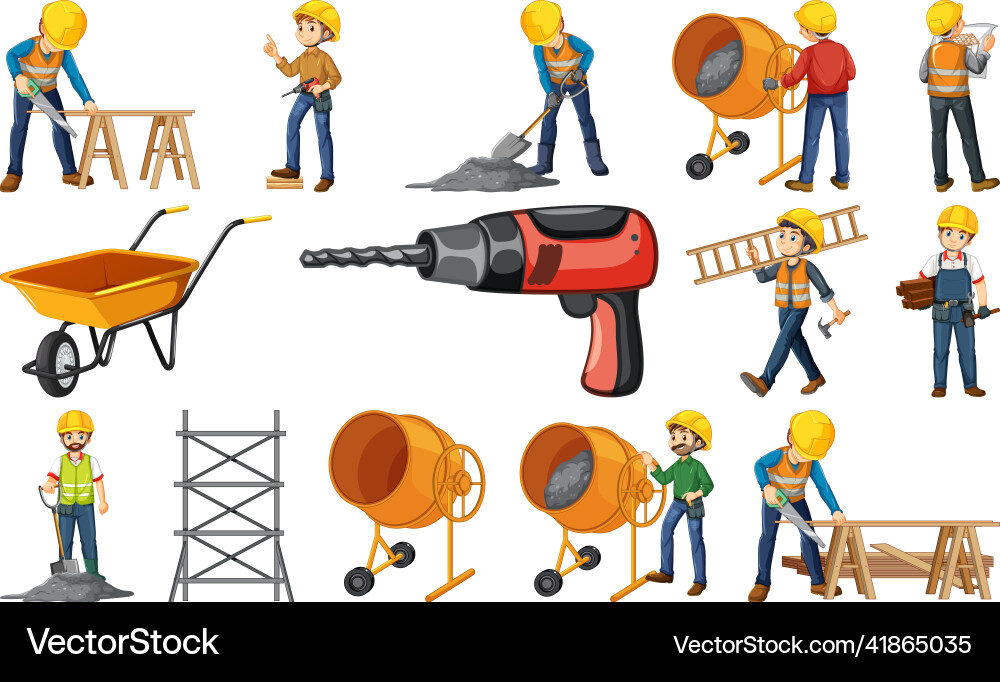 Construction worker set with man and tools Vector Image