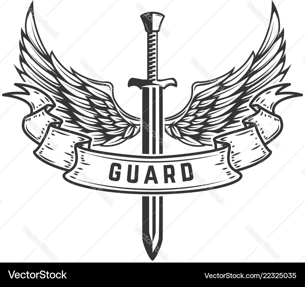 Guard emblem template with winged sword Royalty Free Vector