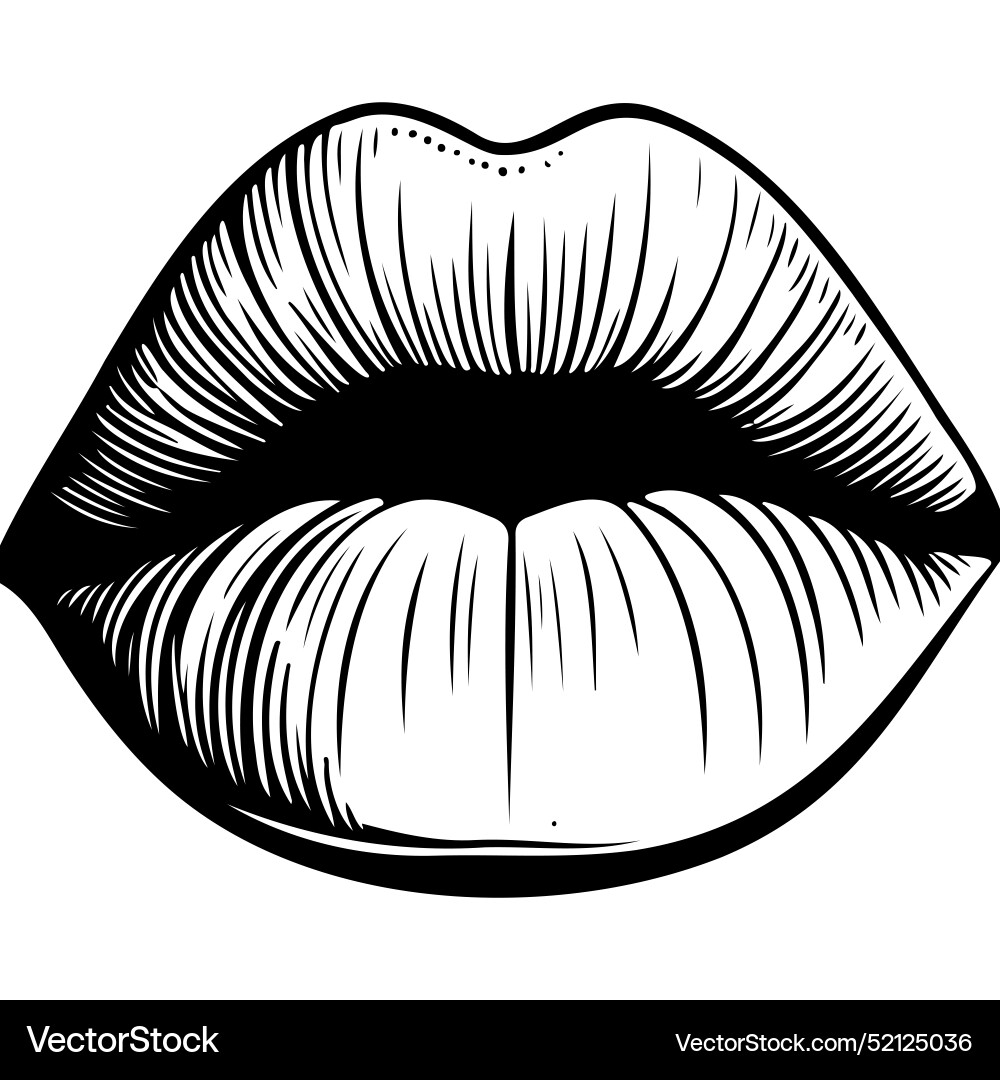 Lips drawing outline cartoon line engraving Vector Image