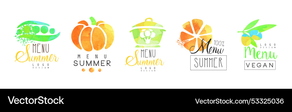 Vegan summer menu bright logo design set Vector Image