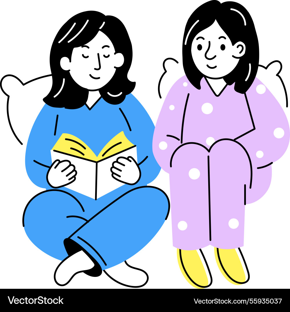 Friends reading a book together hand drawn illust Vector Image