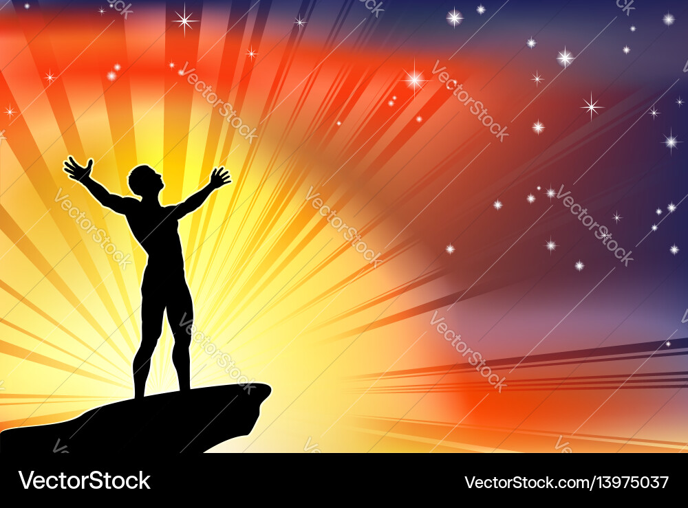 Man on cliff top with arms raised Royalty Free Vector Image
