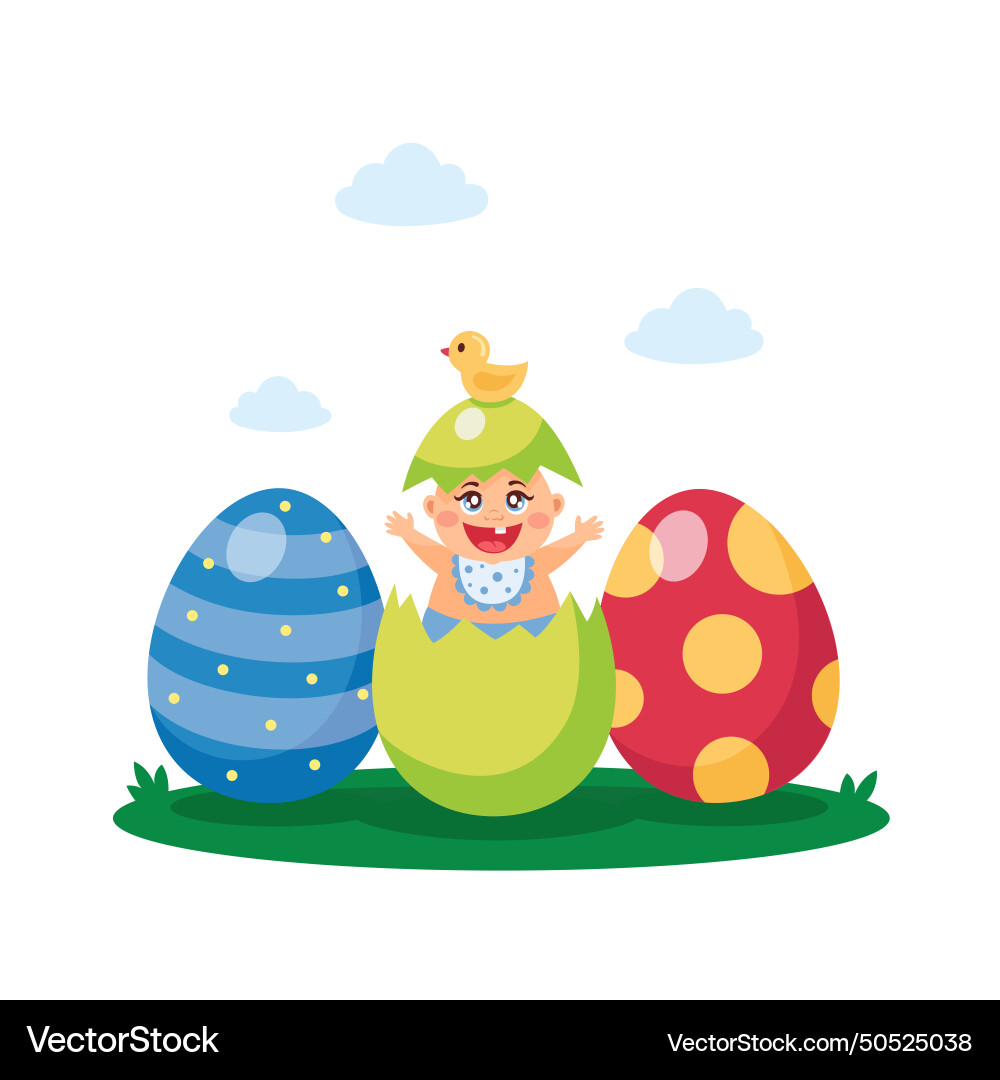 Newborn baby with painted eggs easter kids Vector Image