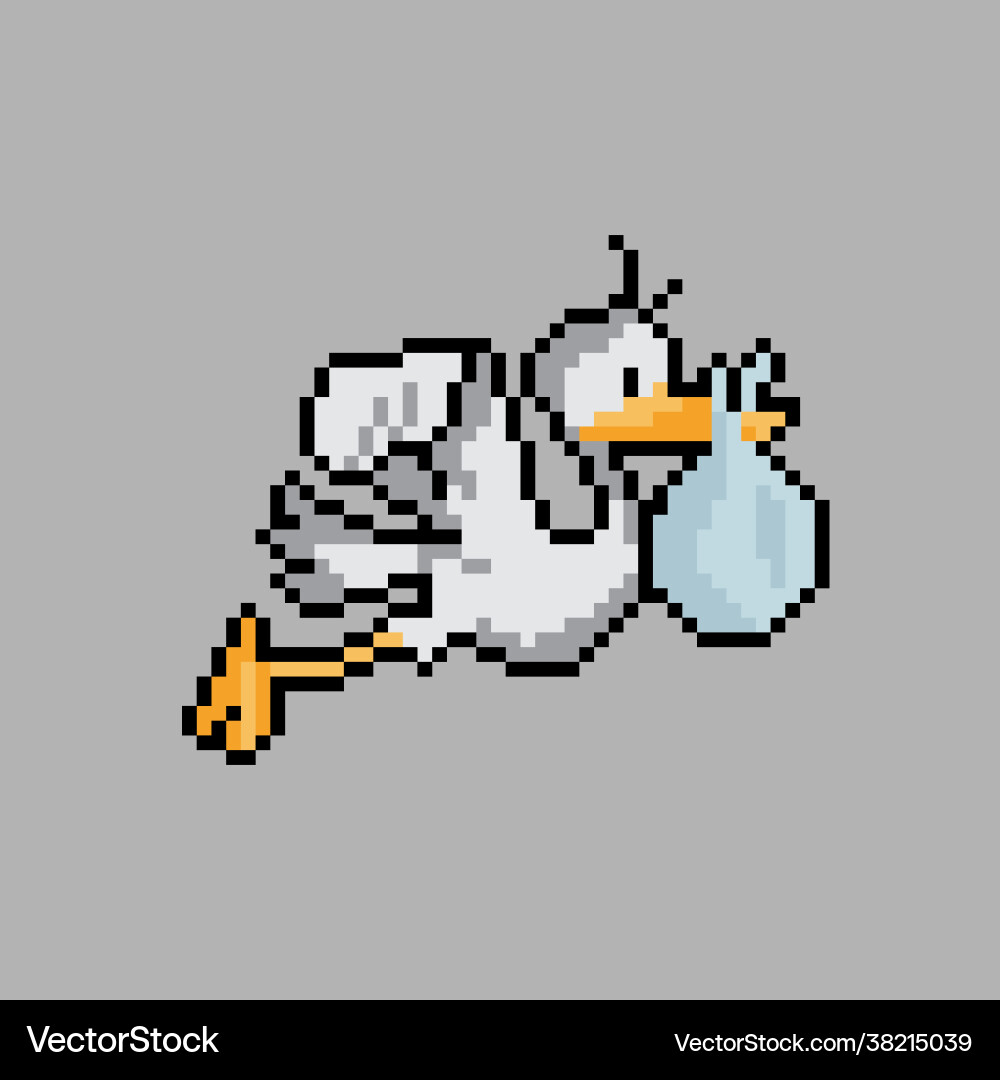 Pixel a stork carrying bafor 8 bit game Royalty Free Vector