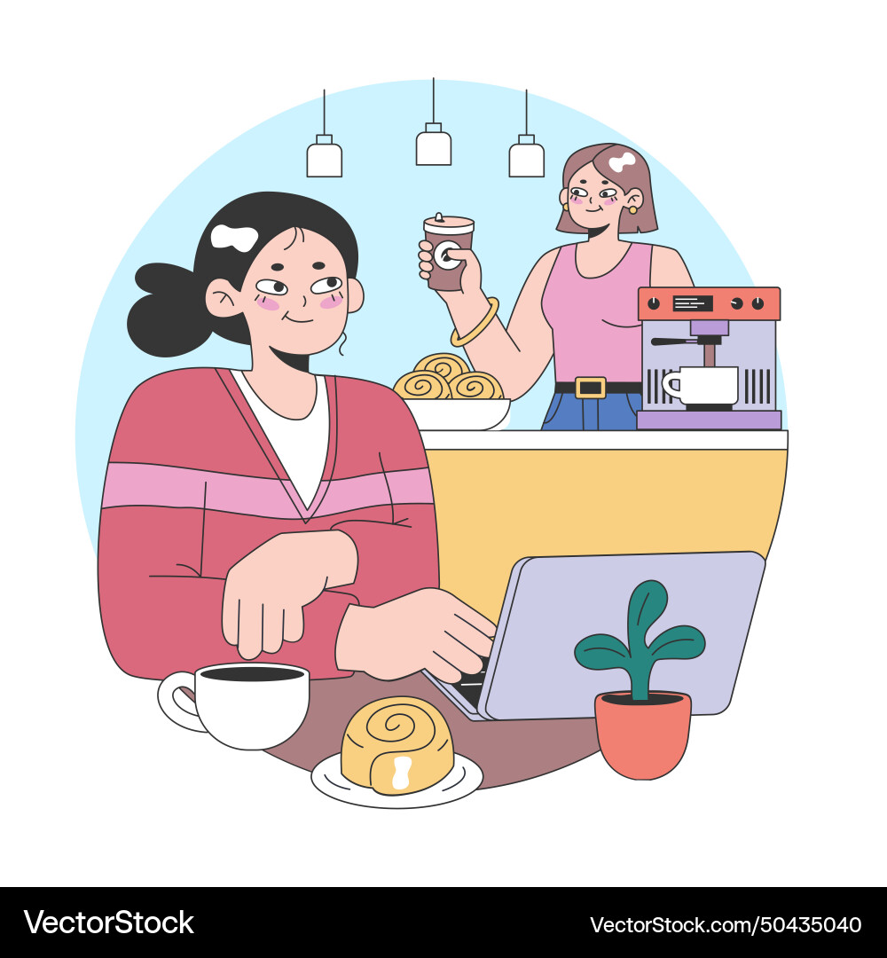 Cozy cafe workspace concept flat Royalty Free Vector Image