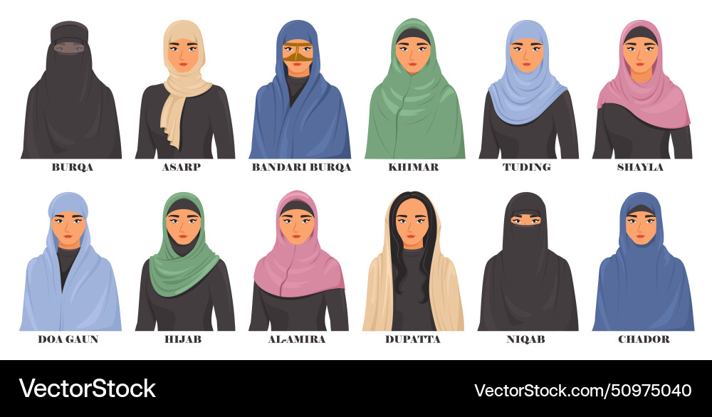Female Hijabs Of Different Types Set Royalty Free Vector
