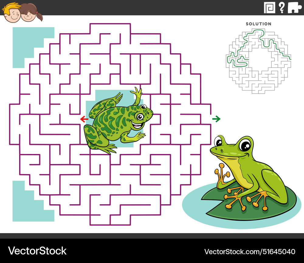 Maze activity game with cartoon frogs characters Vector Image