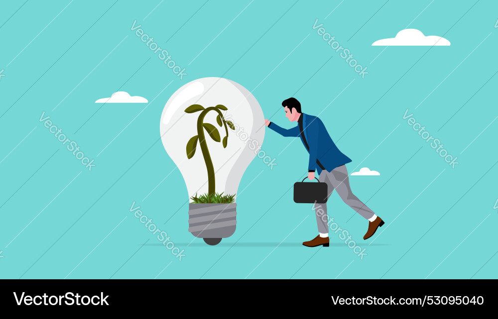Sad businessman leaning on dead light bulb idea Vector Image