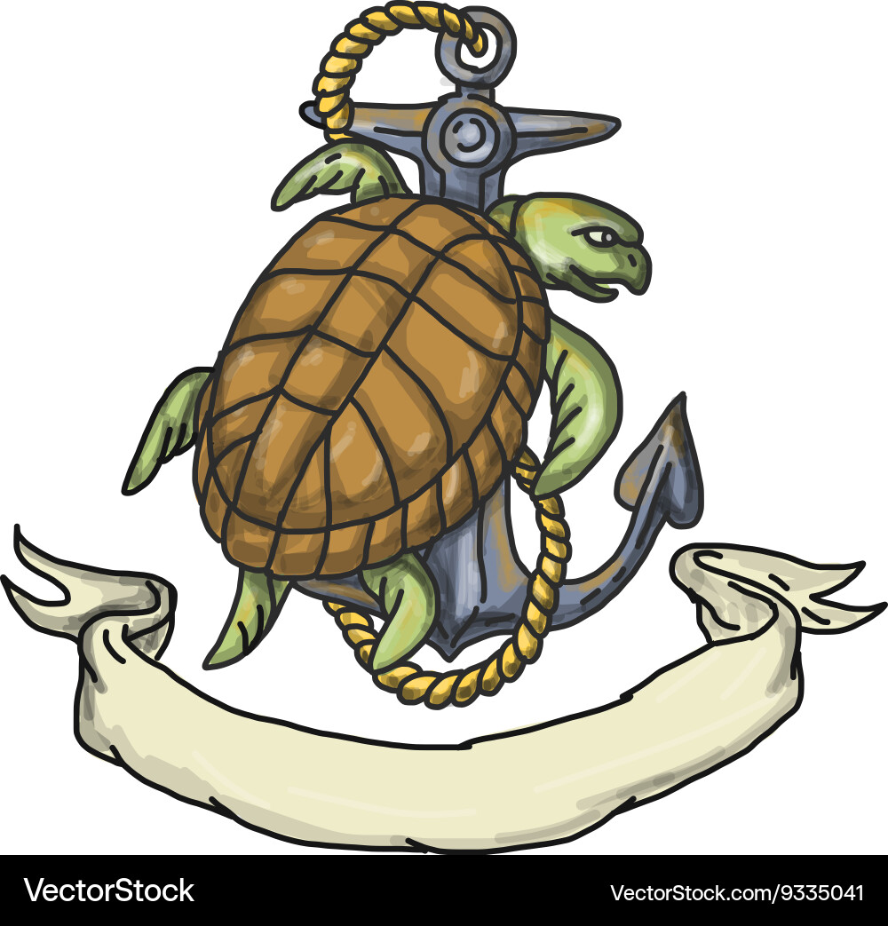 Ridley sea turtle on anchor drawing Royalty Free Vector