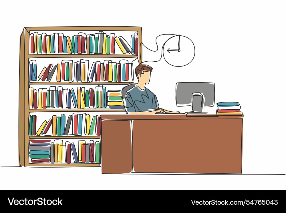 Continuous one line drawing male librarian sit Vector Image