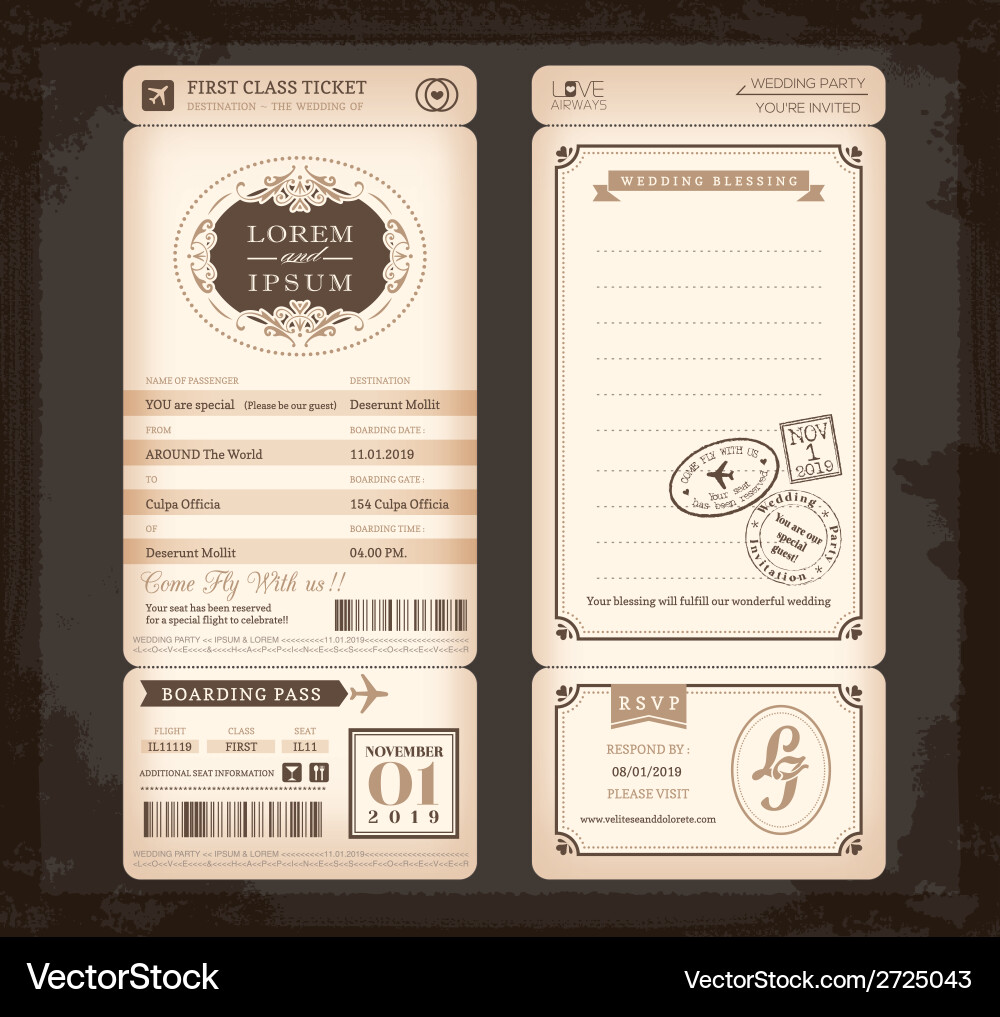 Old vintage style boarding pass wedding card Vector Image