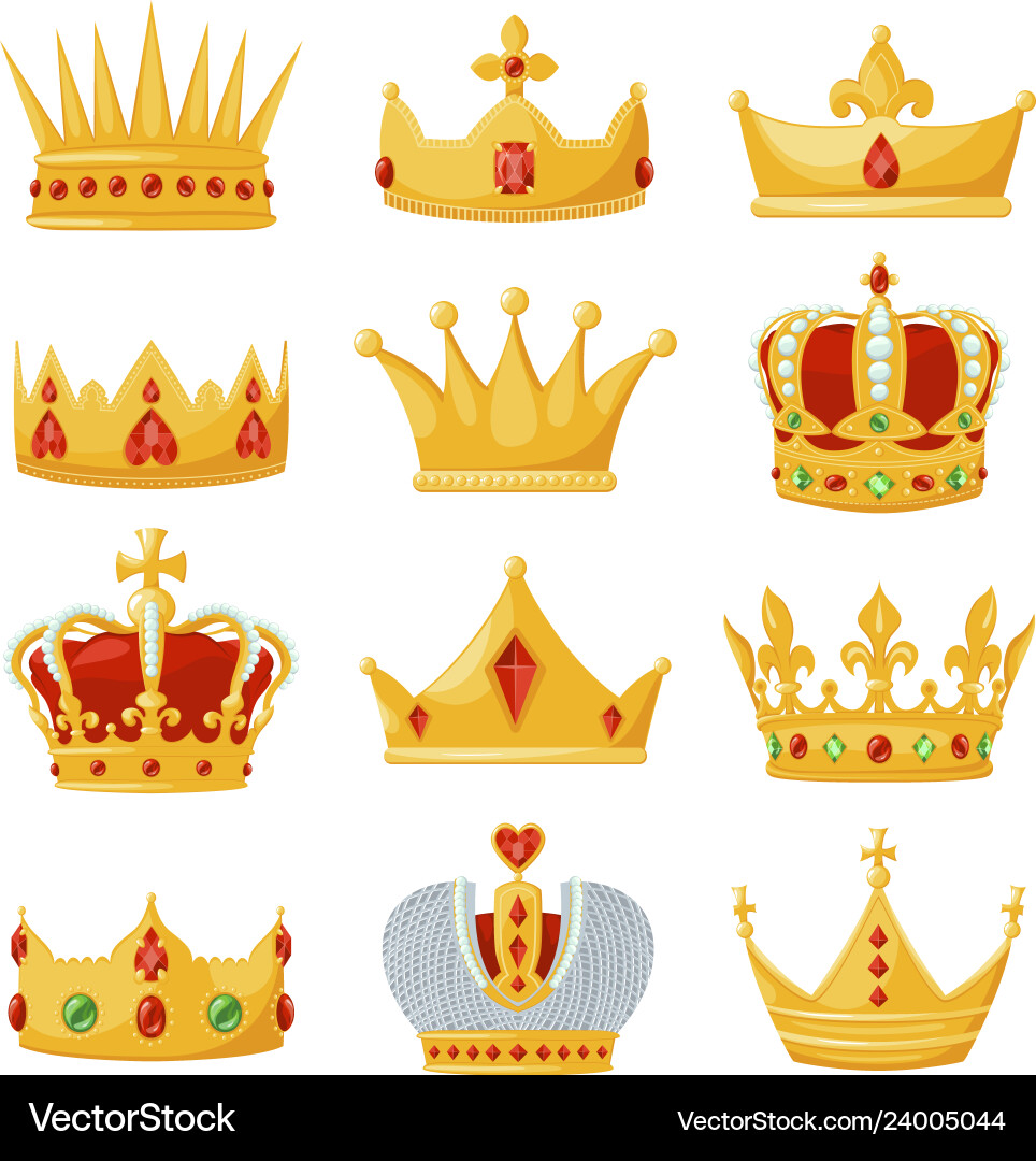 Gold royal crowns set monarchy and authority Vector Image