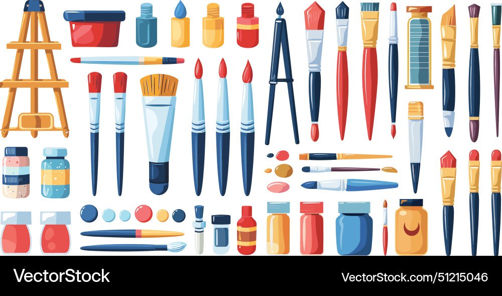 Cartoon art supplies set flat isolated Royalty Free Vector