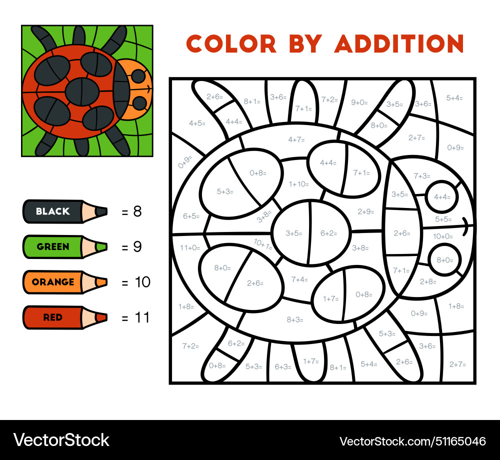 Color by addition education game for kids ladybug Vector Image