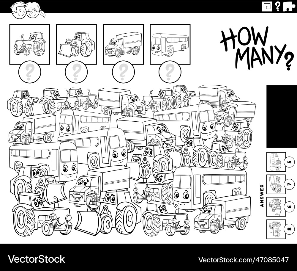How many cartoon vehicles counting game coloring Vector Image