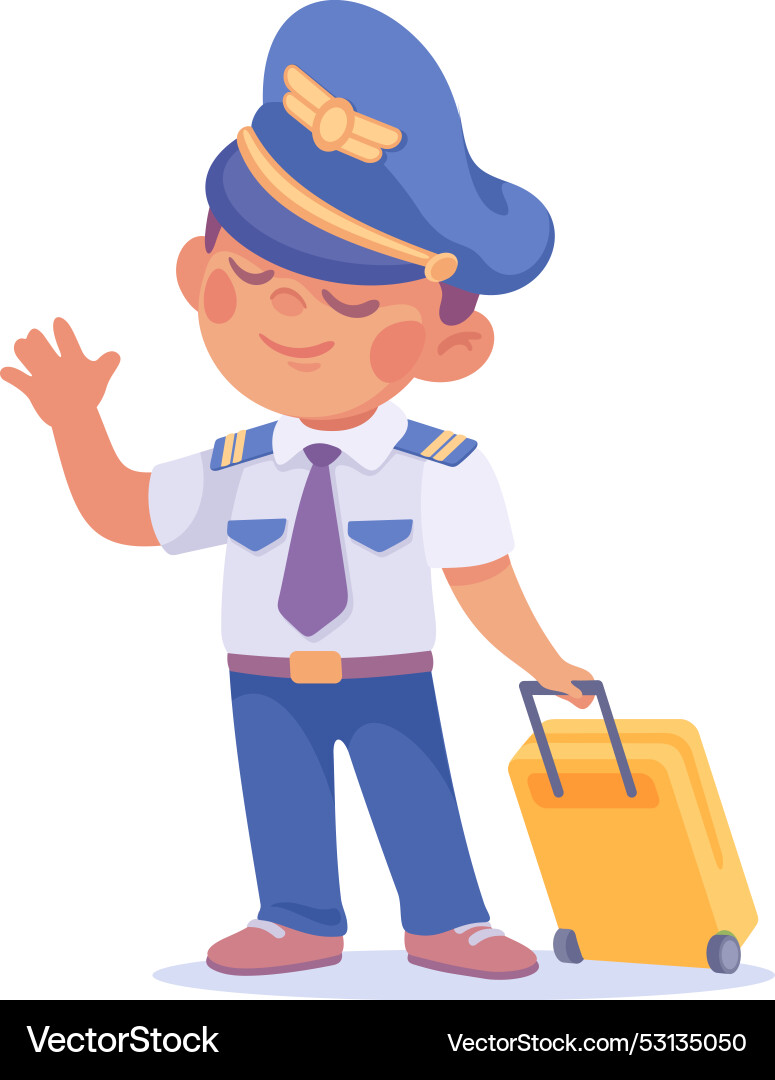 Boy pilot in cap with suitcase as child profession