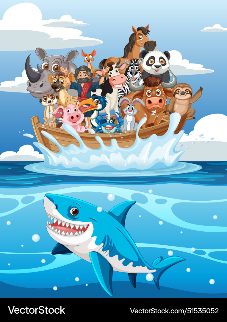 Various animals on a boat in the ocean Royalty Free Vector
