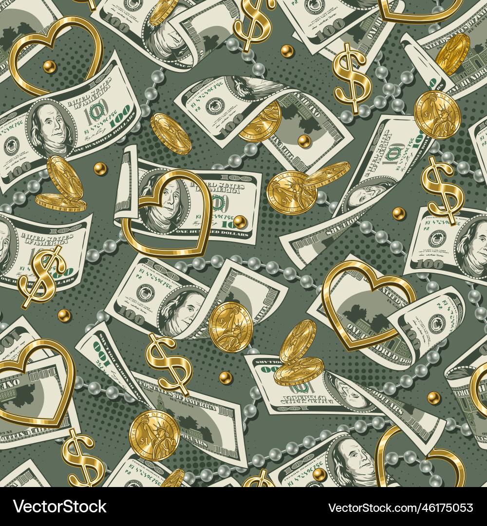 Pattern with 100 us dollar bills gold coins Vector Image