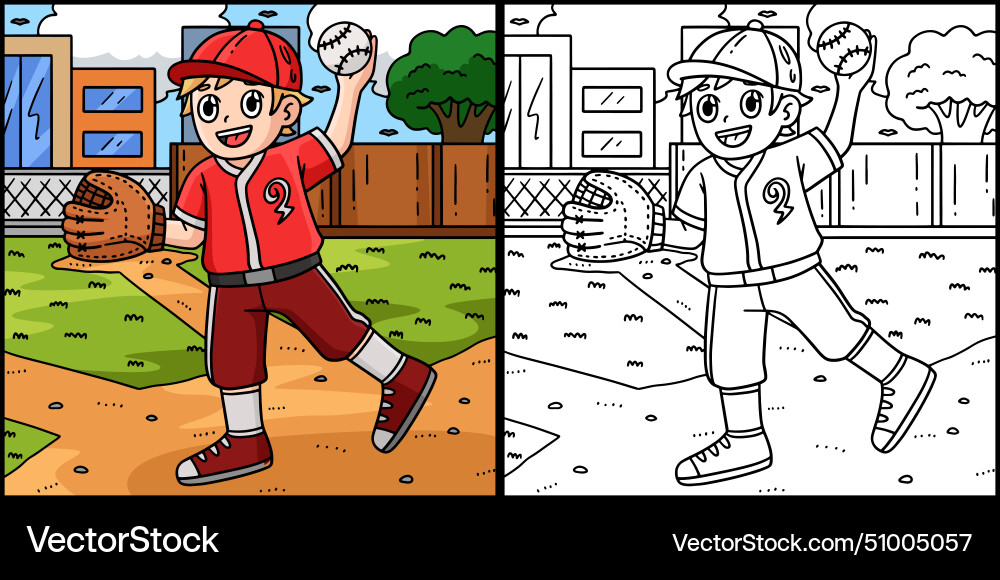 Baseball boy pitching coloring page Royalty Free Vector