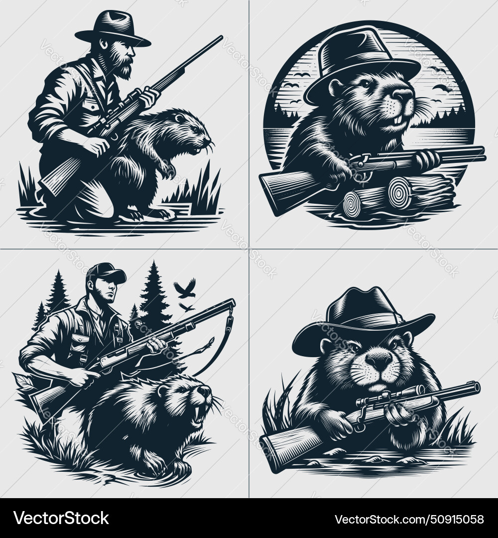 Beaver hunting wild bear Royalty Free Vector Image