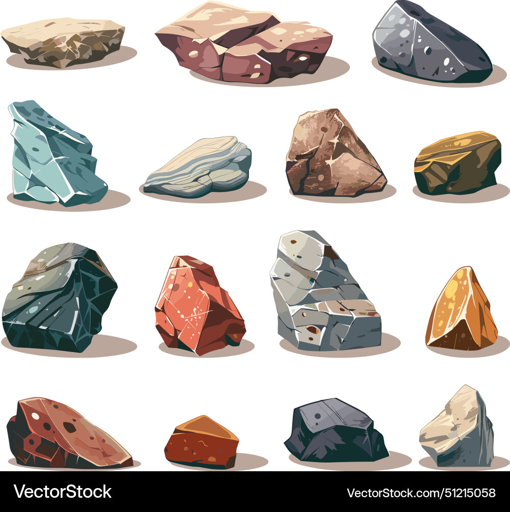 Cartoon diverse rocks stones flat style Royalty Free Vector