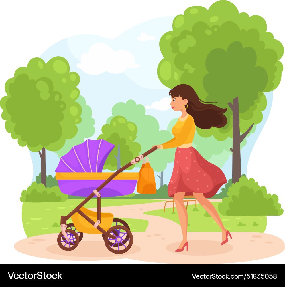 Mother walking stroller babysitter or mom walk Vector Image