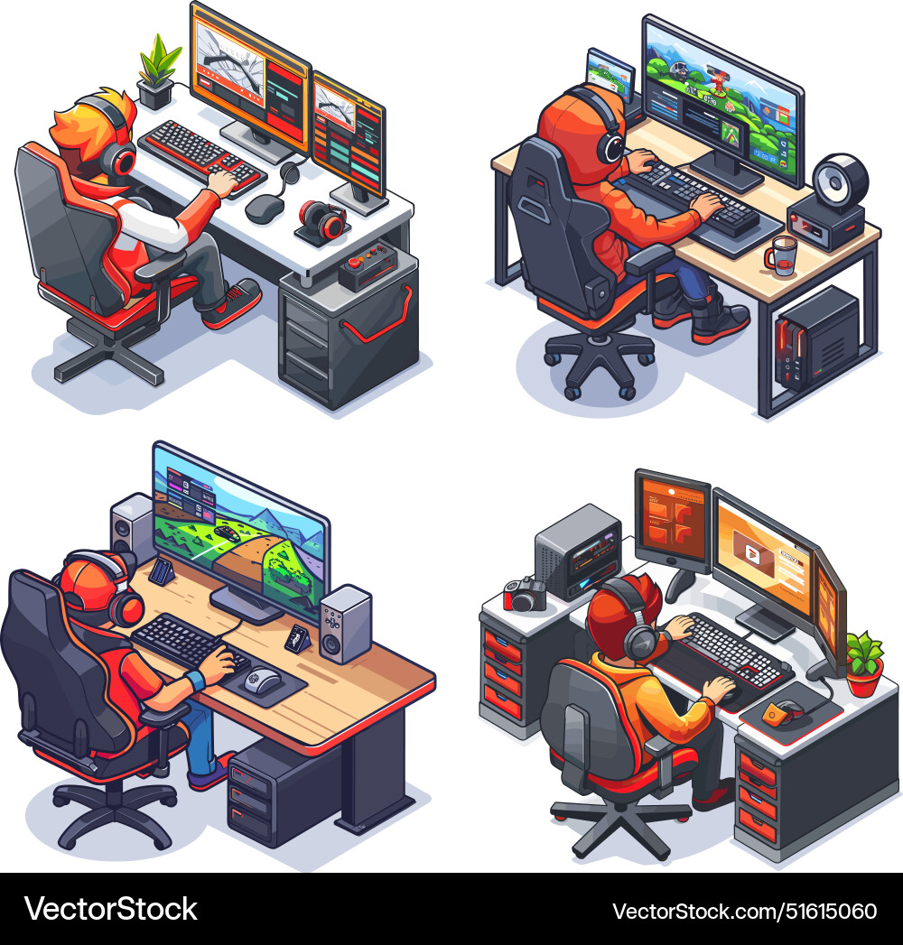 Isometric gamers at computer cartoon gamer Vector Image