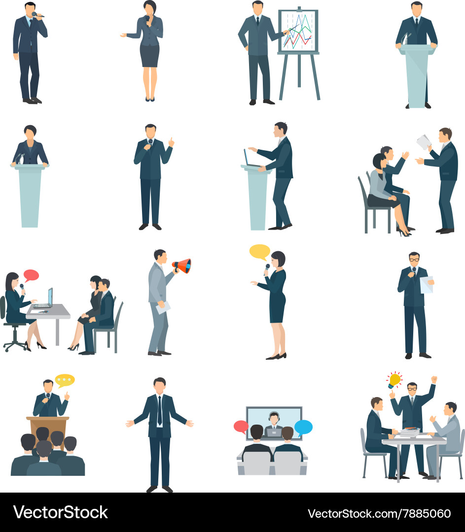 Public speaking flat icons set Royalty Free Vector Image