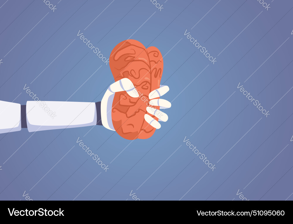 Robot hand squeezing a human brain of creative Vector Image