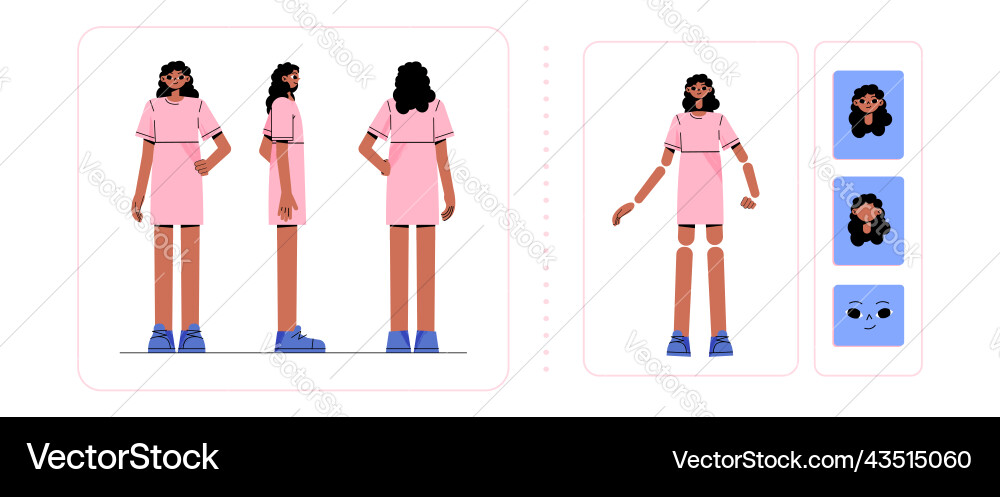 Woman character for animation side rear front Vector Image