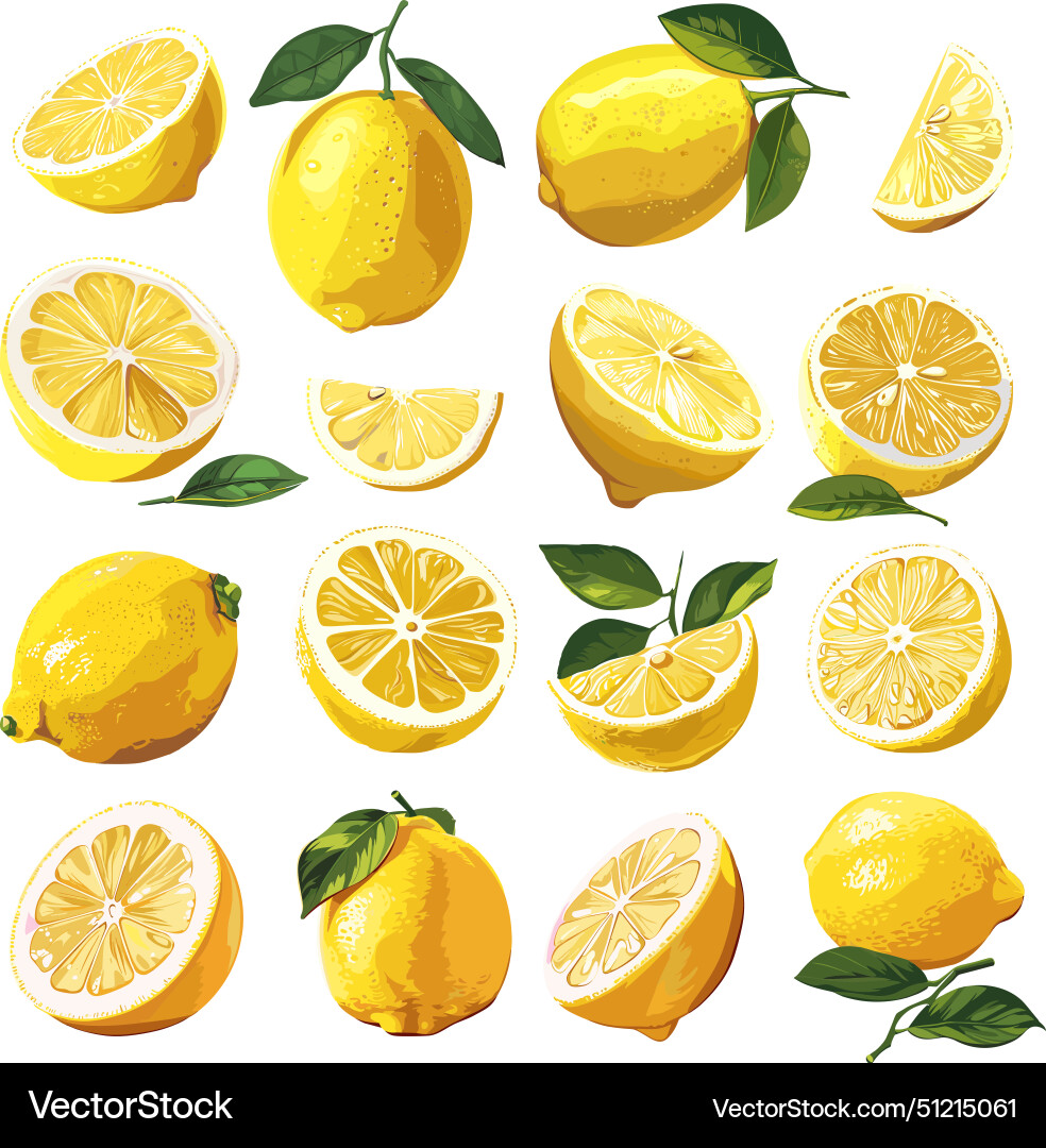 Cartoon fresh lemon collection whole halved Vector Image