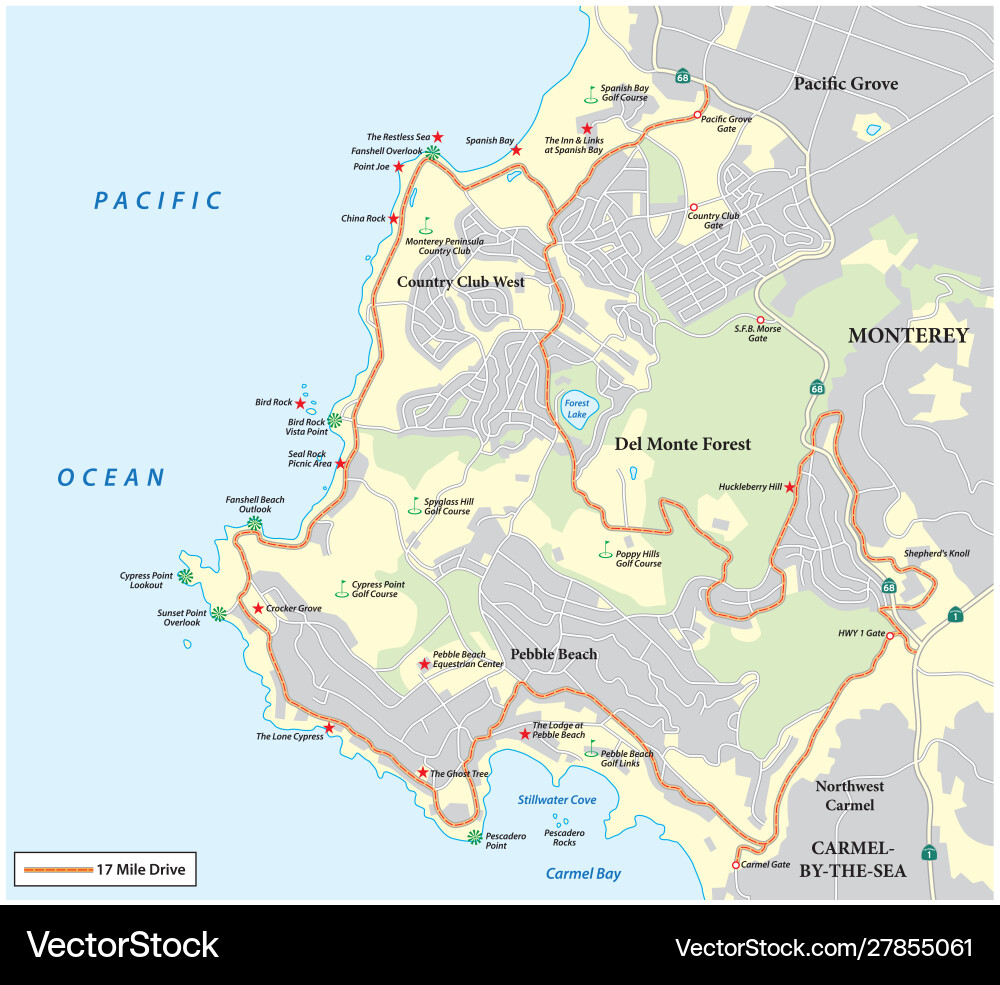 Seventeen Mile Drive Map - Monterey Peninsula Vector Image