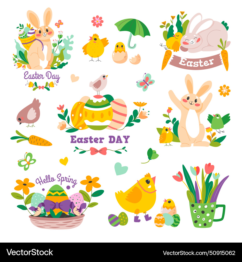 Easter holiday hello spring bunny and chickens Vector Image