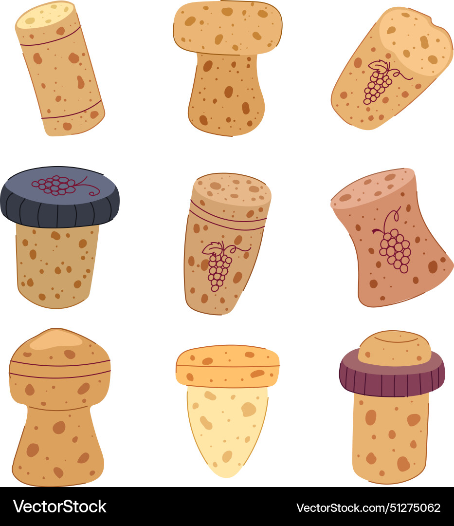 Wine cork bottle set cartoon Royalty Free Vector Image