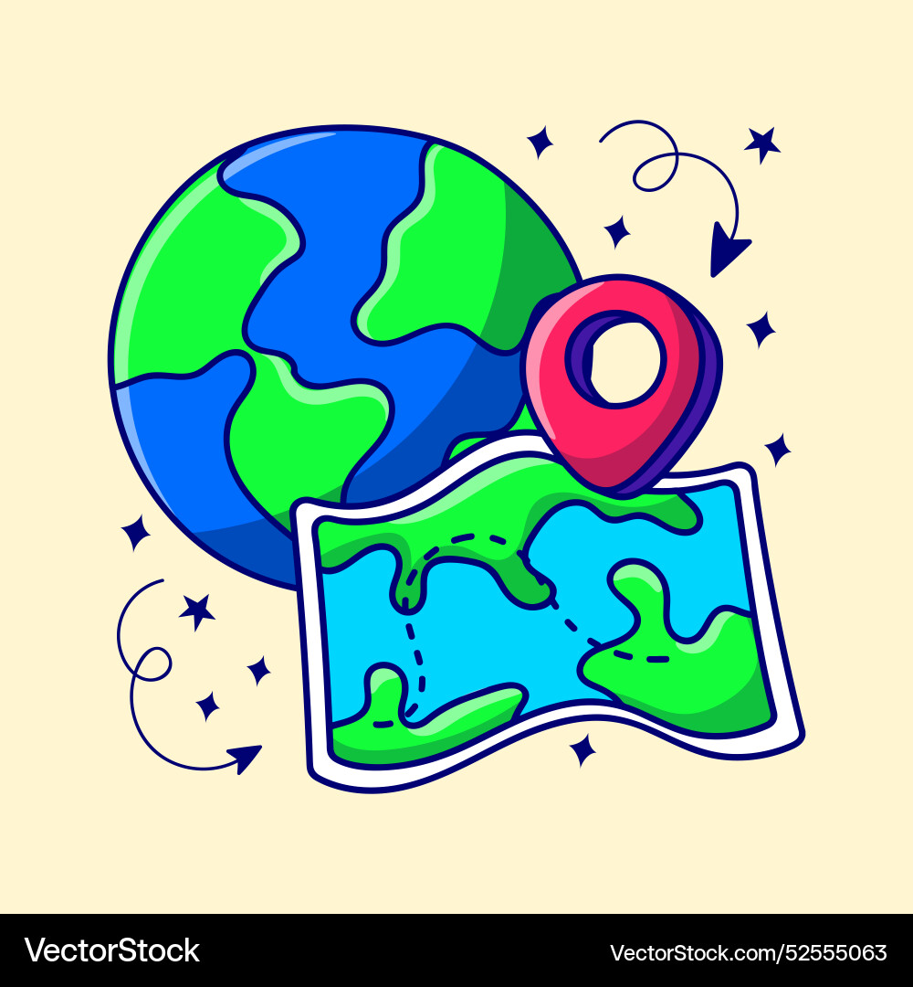 Map and globe with colored hand drawn doodle style