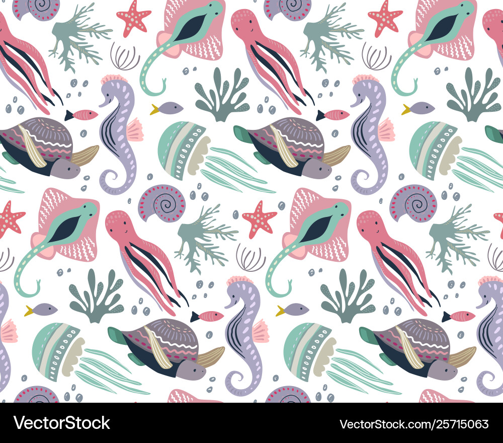 Seamless pattern with fish and sea animals Vector Image