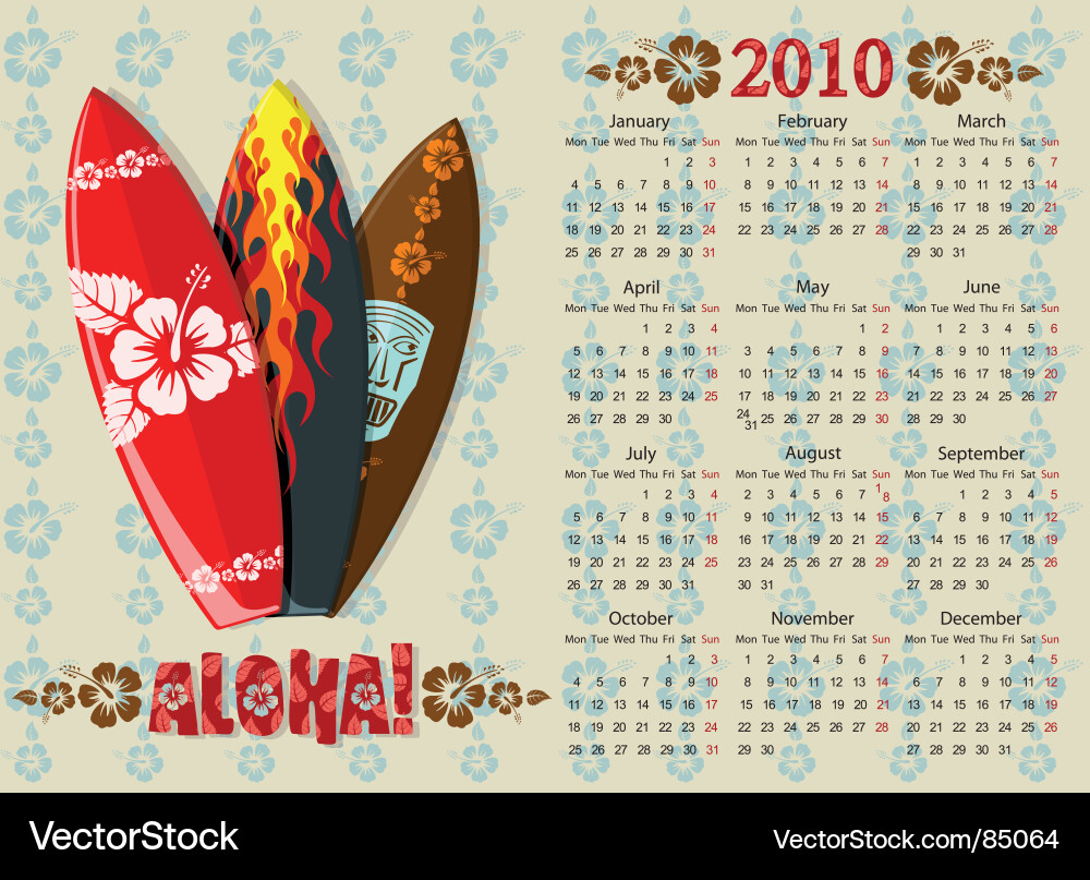 Aloha calendar with surf boards Royalty Free Vector Image