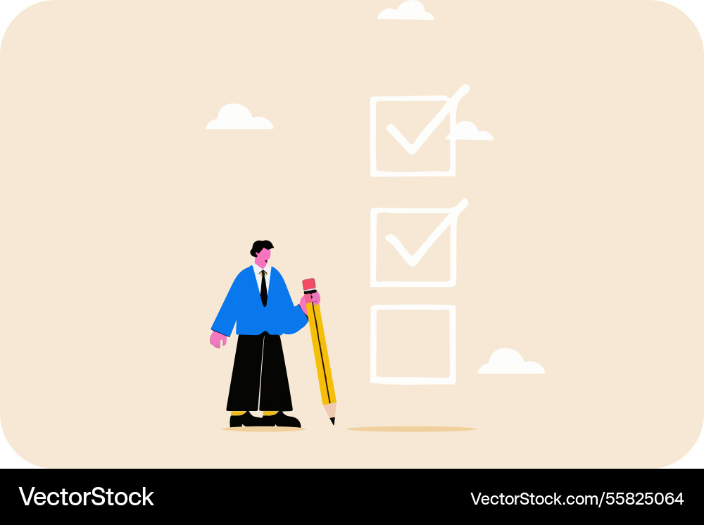 Businessman standing with 3 giant checkboxs Vector Image